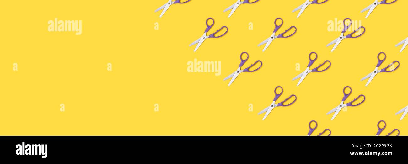 Scissors pattern on a yellow background. Office supplies layout Stock ...