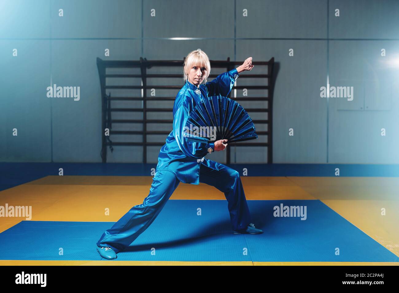 Female wushu master exercise with fan, martial arts. Woman in blue ...