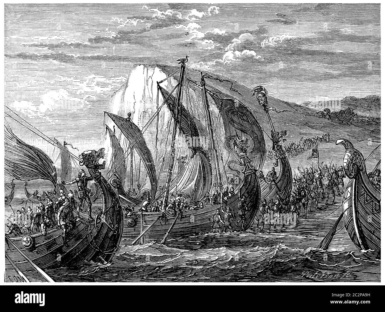 Viking landing, vintage engraved illustration. Journal des Voyage ...
