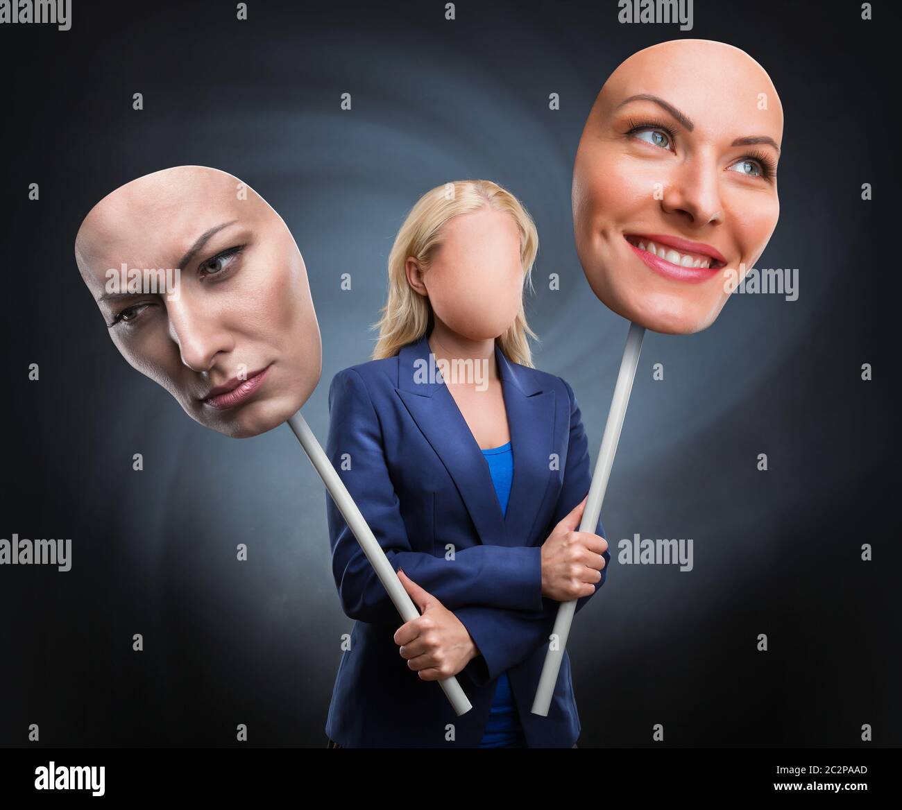Businesswoman choosing face over grey background Stock Photo - Alamy
