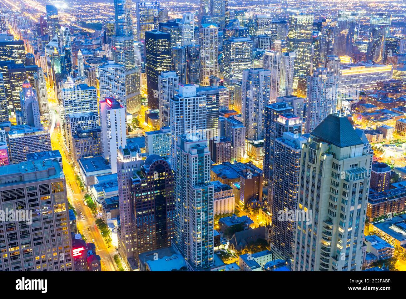 Skyscraper buildings in steel, concrete and glass, night view, Chicago ...