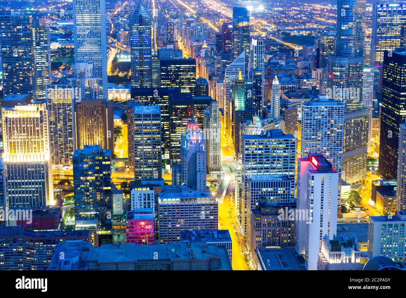 Skyscraper buildings in steel, concrete and glass, night view, Chicago ...