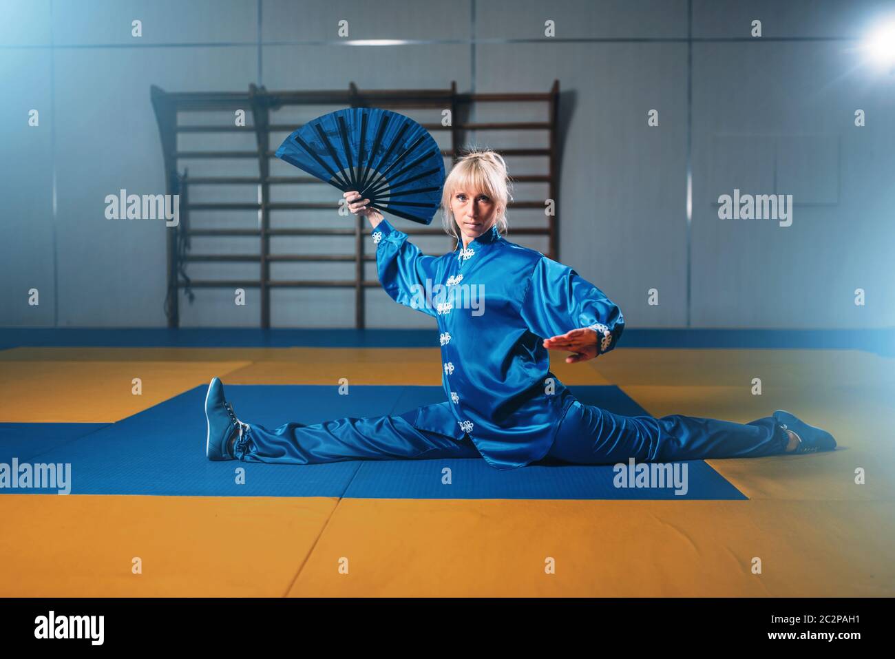 Female wushu master exercise with fan, martial arts. Woman in blue ...