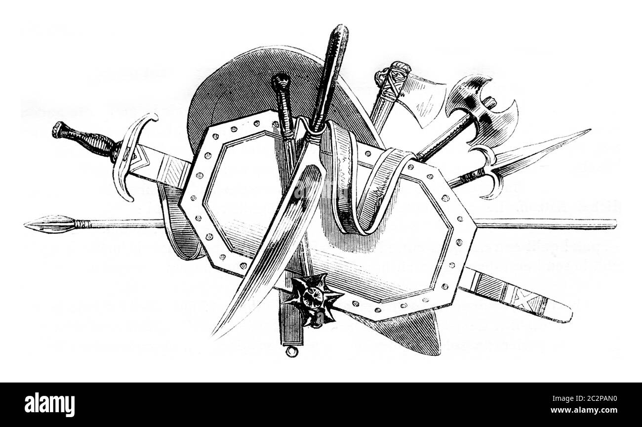 Weapons of the Franks, vintage engraved illustration. Magasin ...