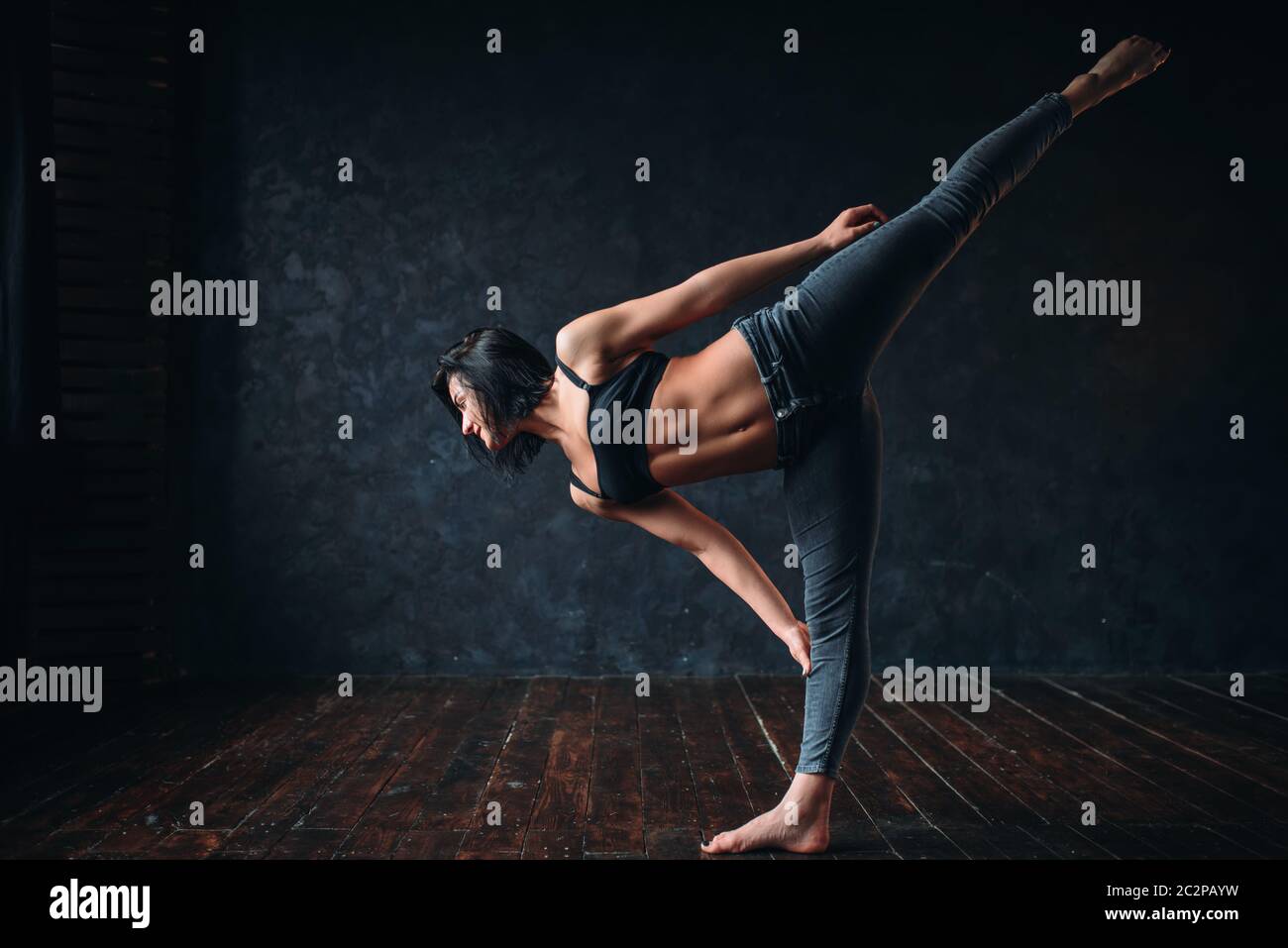 Body flexibility, contemp style dancing in dance class. Female dancer ...