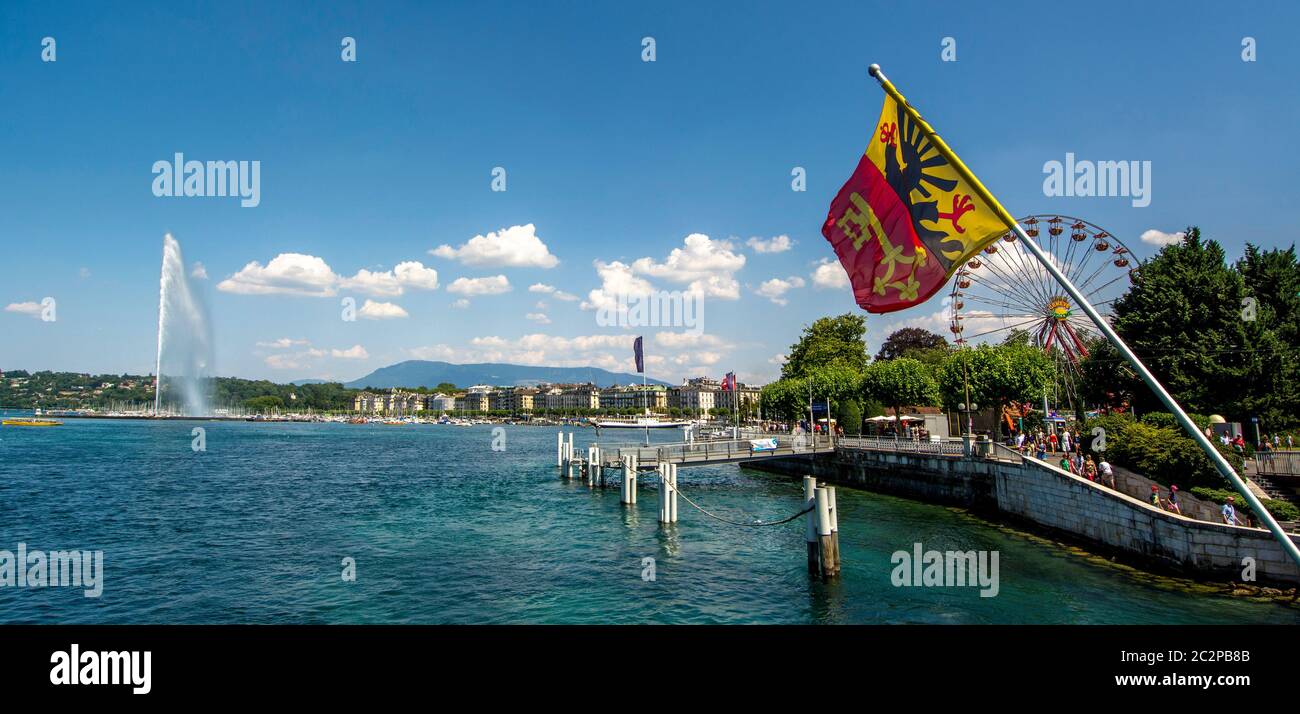 Panoramic view of Lake Geneva with Jet d'Eau and vibrant scenery in ...