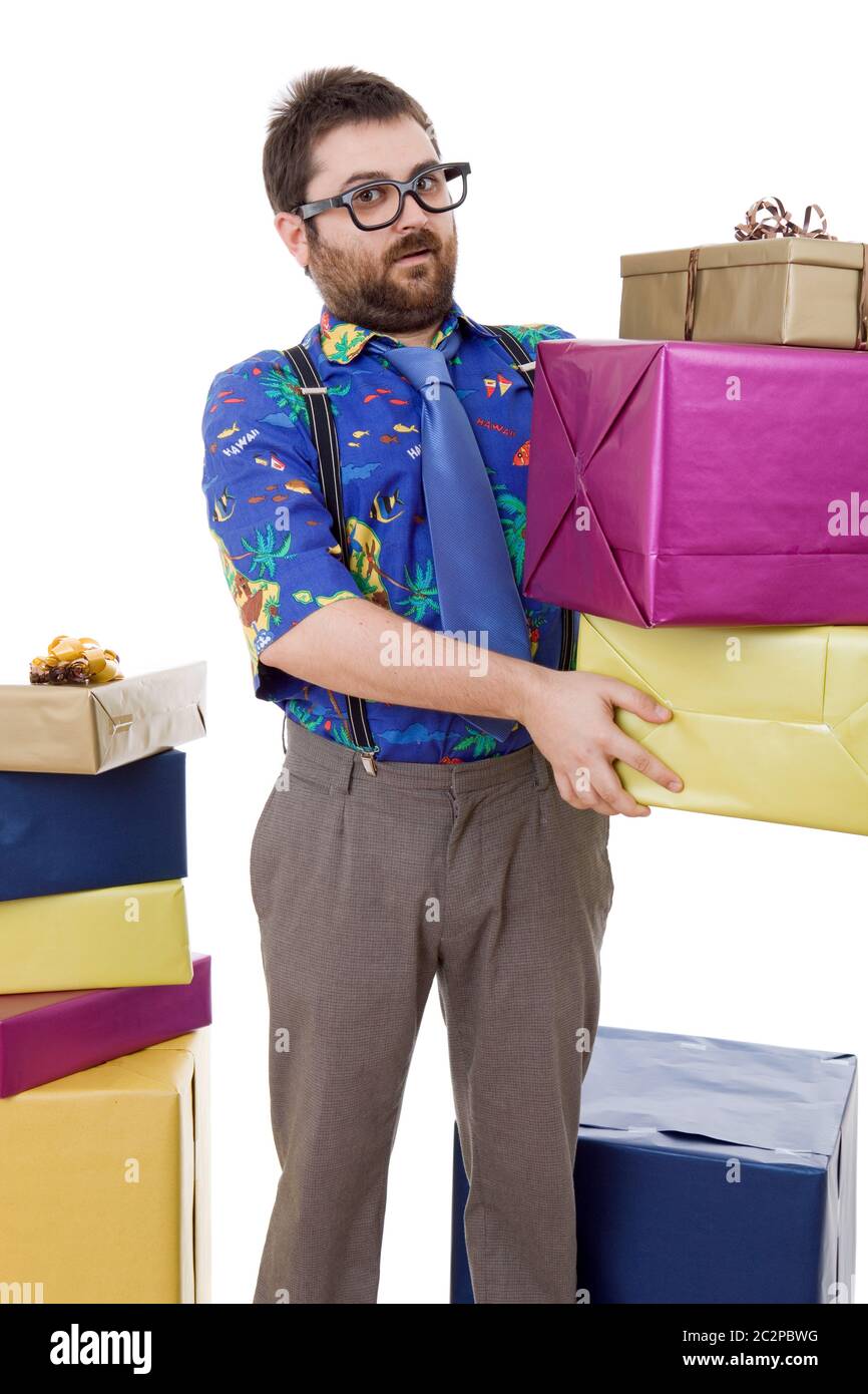 happy silly salesman with some boxes, isolated on white Stock Photo - Alamy