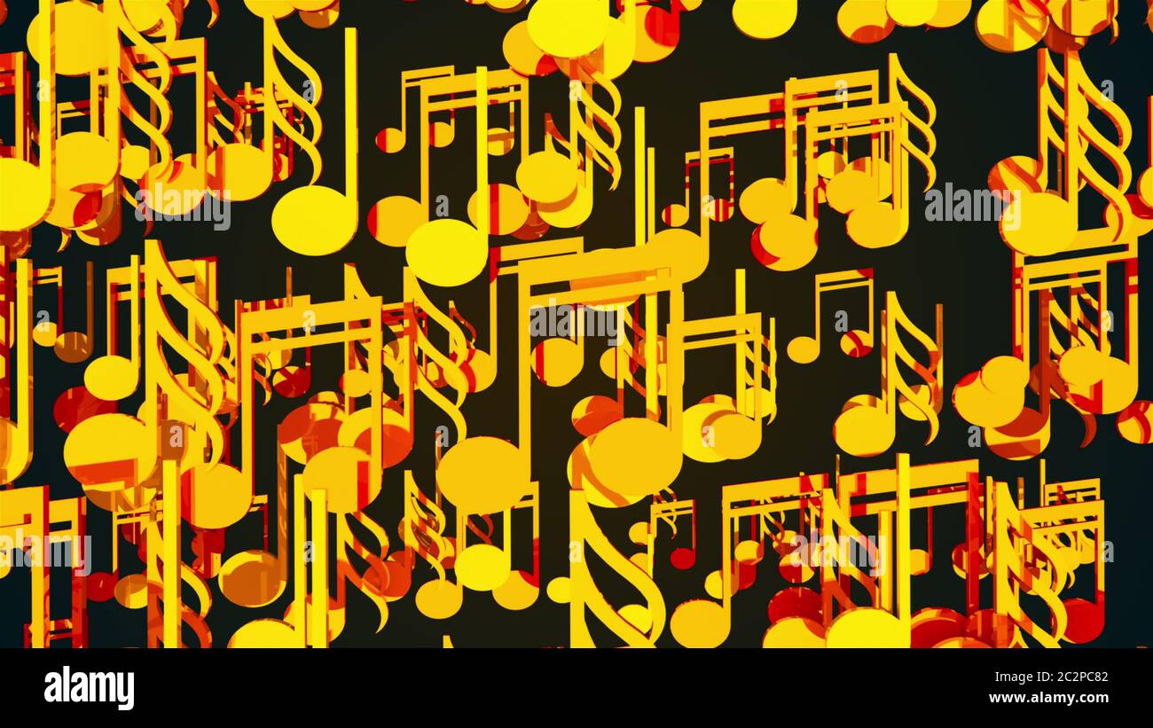 Computer generated 3D rendering. Cluster of many gold musical notes on ...