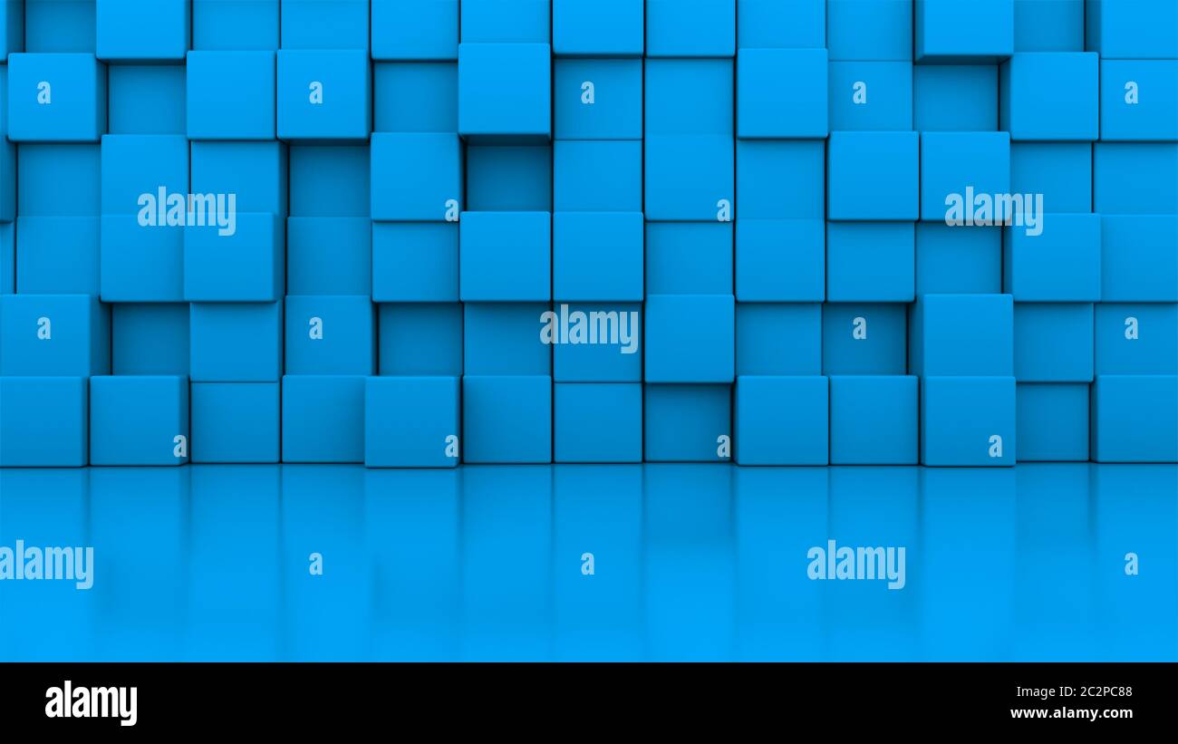 3d rendering wall of many blue cubes located at different levels in a ...