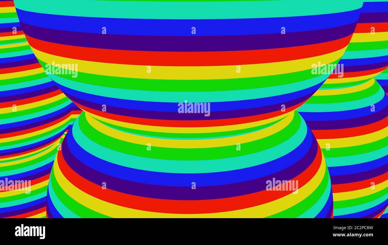 Huge spherical shapes with multi-colored stripes. Computer generated 3D ...