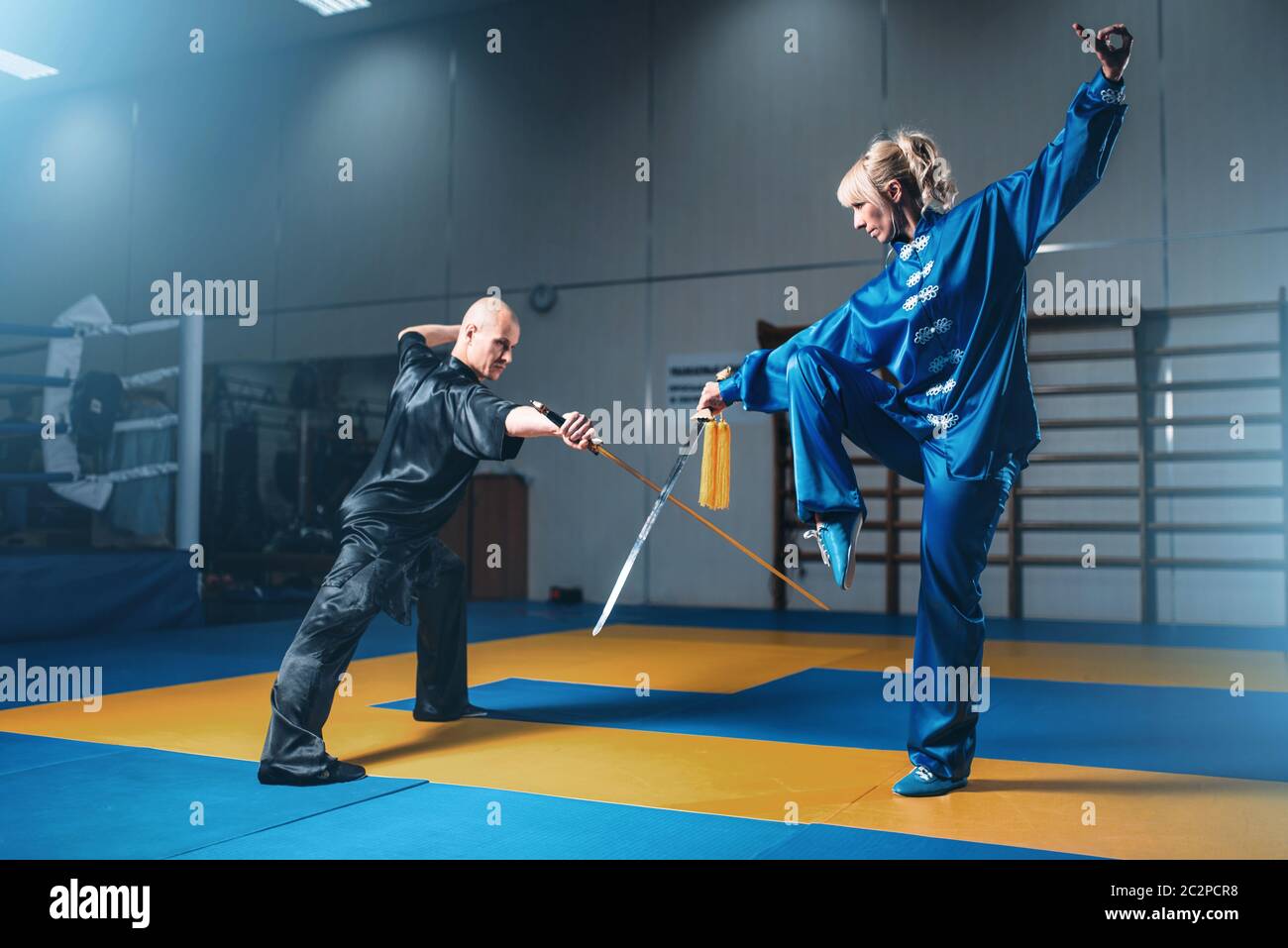 Wushu fighters, man and woman with swords, martial arts culture Stock ...