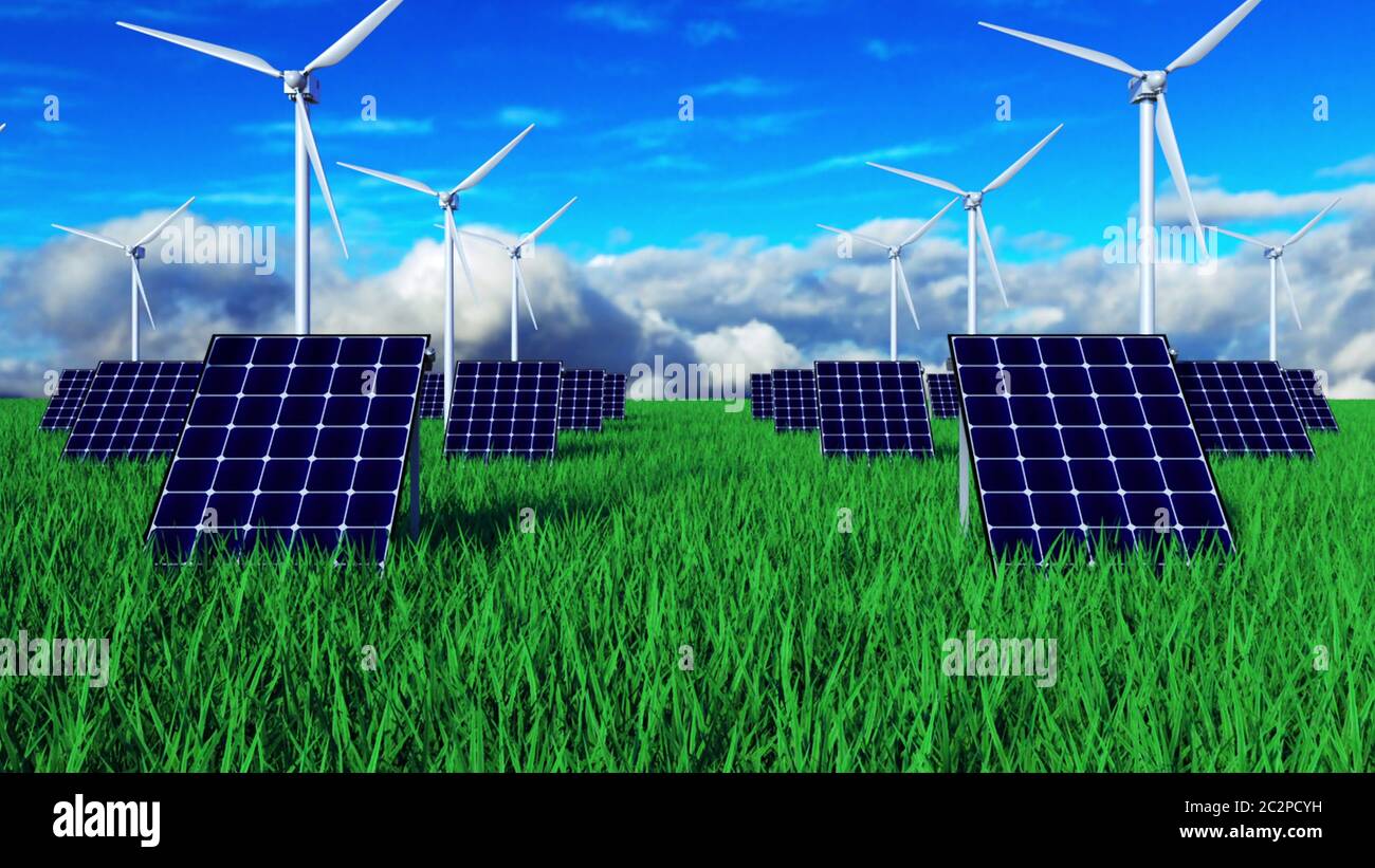 3d rendering background. Ecology green landscape with alternative ...