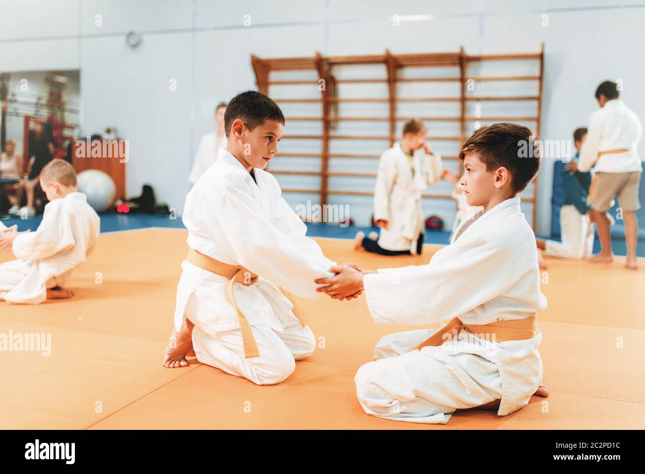 Little boys in uniform practice kid judo. Young fighters on training in ...