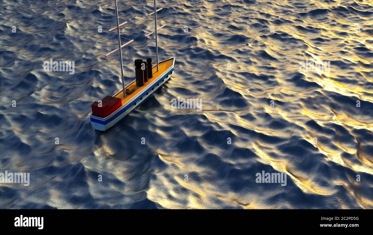3d rendering of a surface boat in the open sea, top view. Computer ...