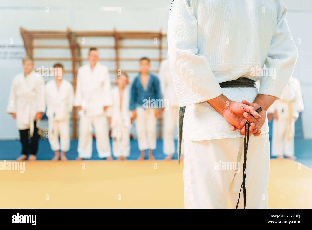 Trainer and little boys in kimono, kid judo training. Young fighters in ...