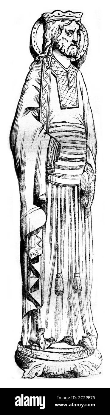 Statue of Merovingian king, Cloitre Saint Denis, vintage engraved ...