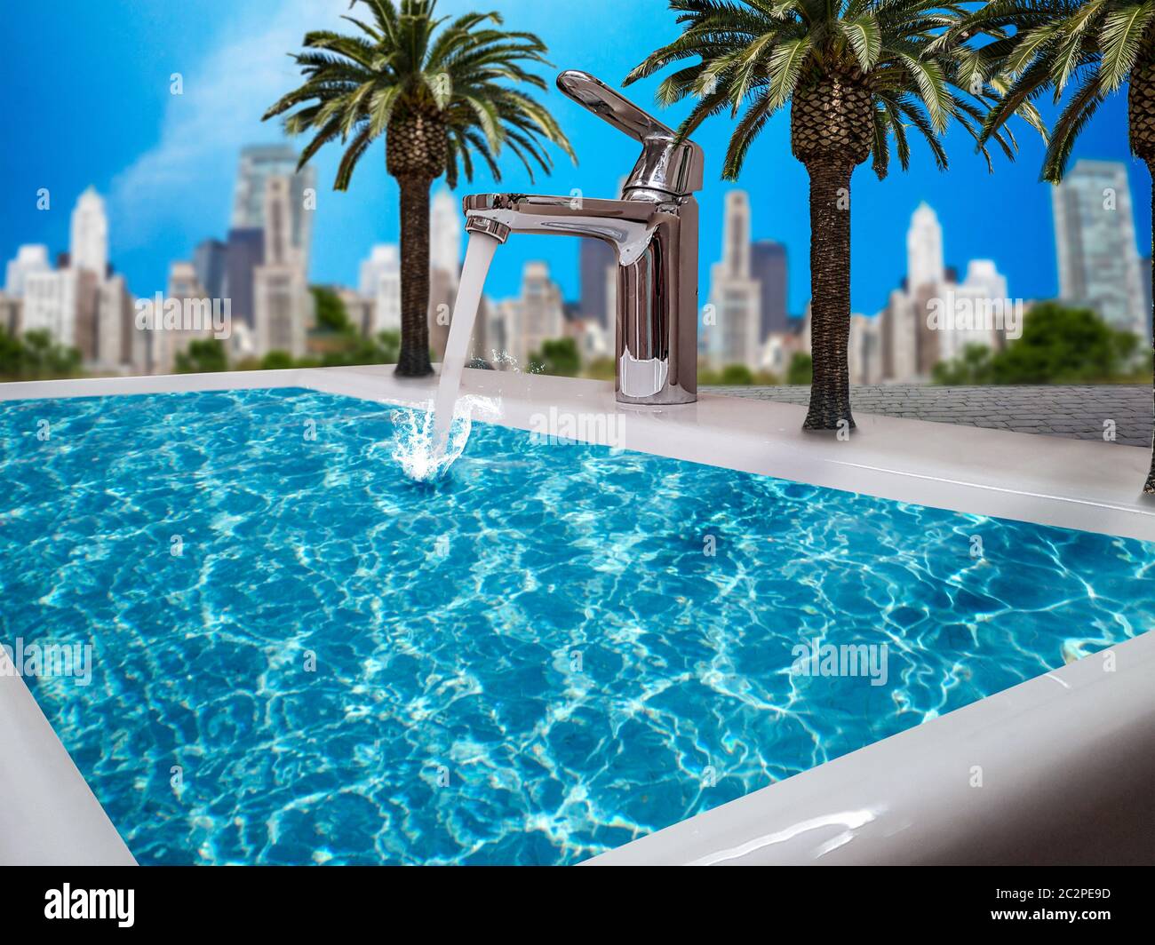 Tap water flows into the outdoor pool from faucet at sunny summer day ...