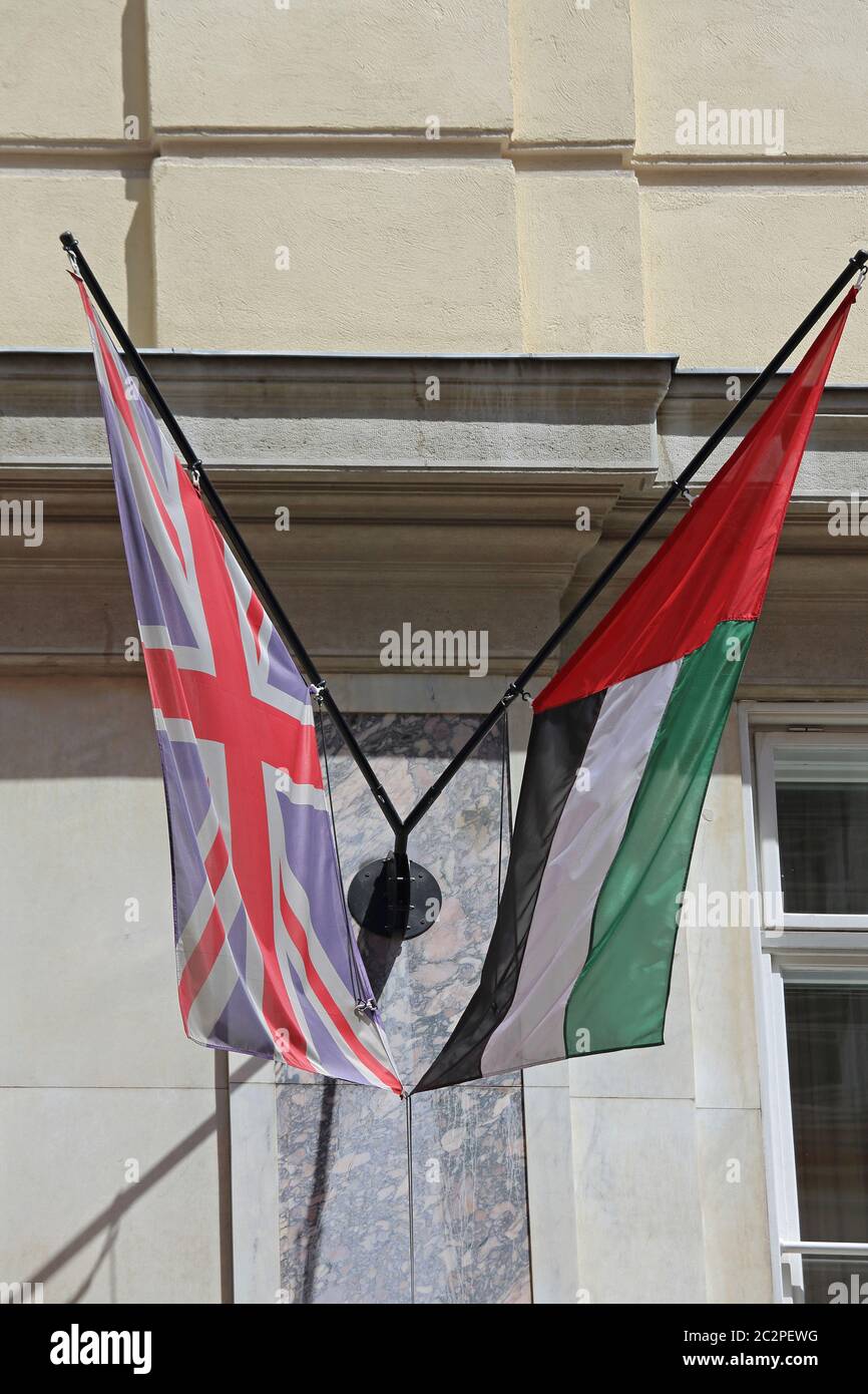 Union Jack and United Arab Emirates Flags Together at Building Stock ...