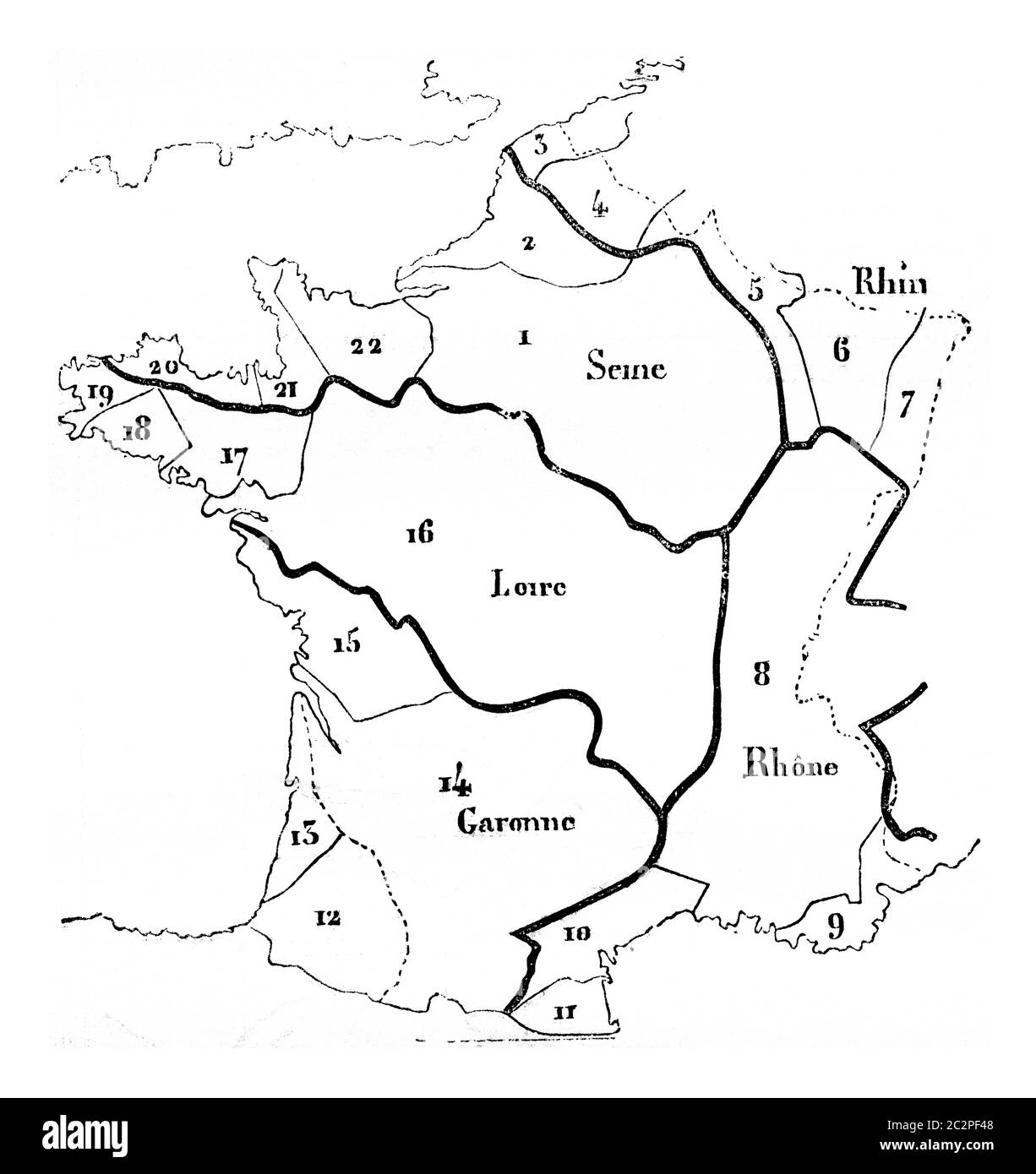 Map of France divided into twenty-two basins, vintage engraved ...