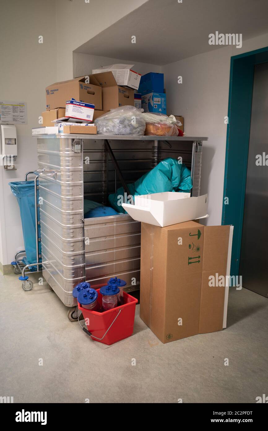in the corner of a hospital hallway, the waste from the operating room ...