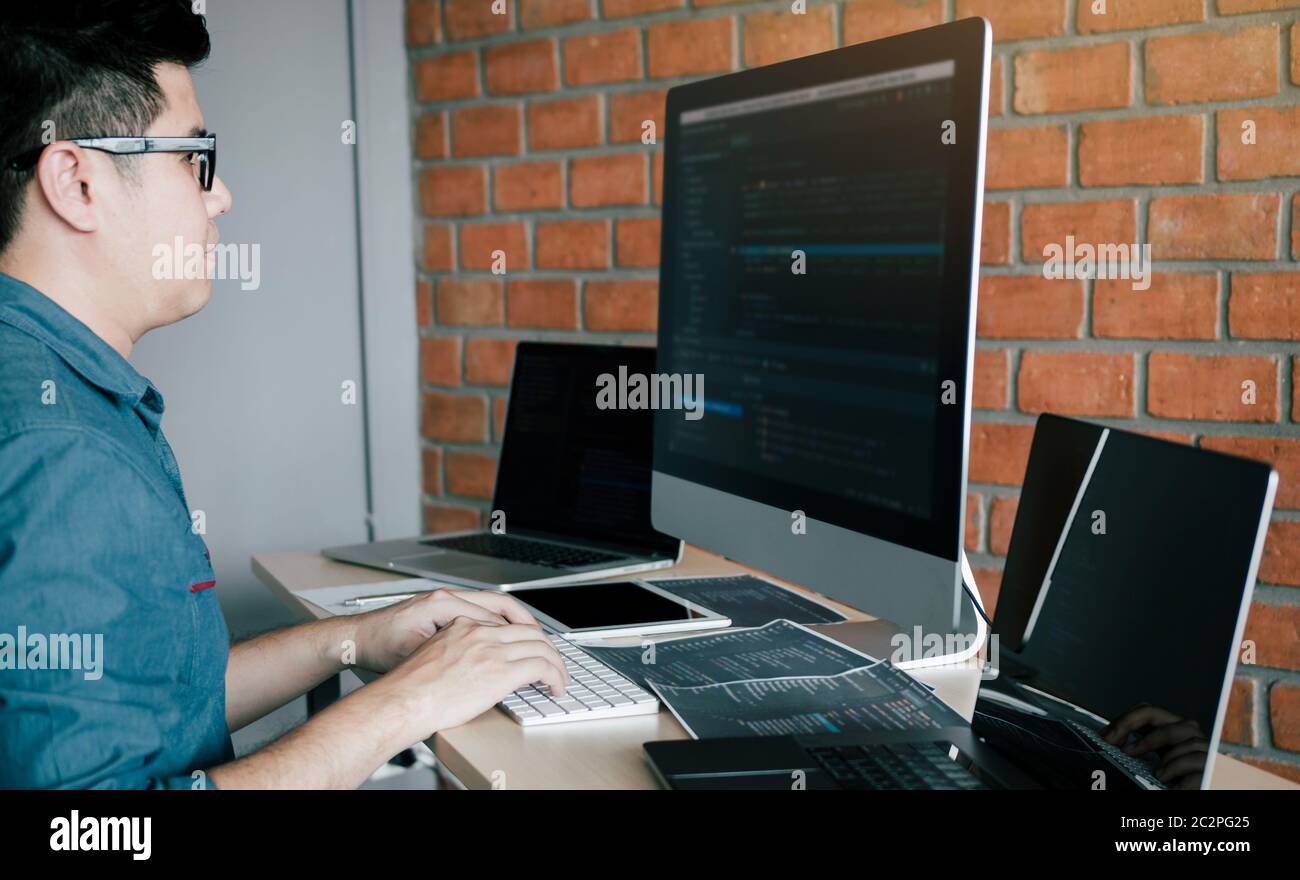 Asian Man Working Code Program Developer Computer Web Development Working Design Software On