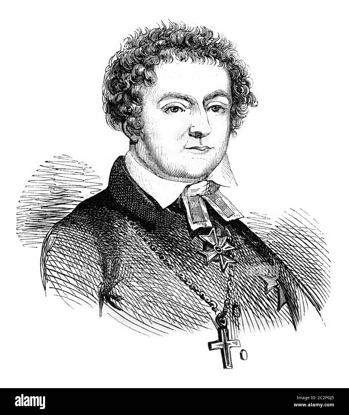 Portrait of Swedish poet Tegner, who died in 1845, vintage engraved ...