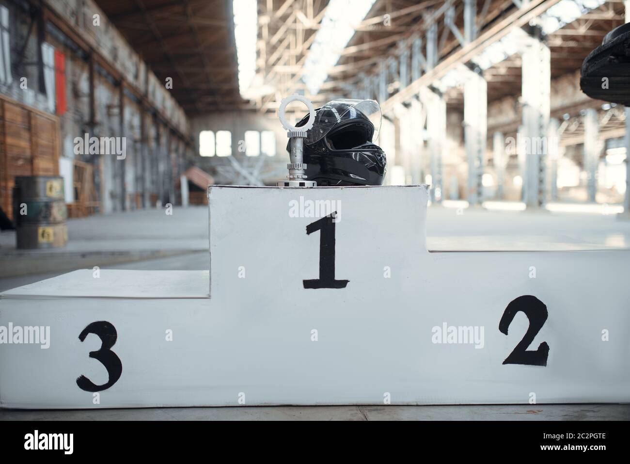 Helmet on podium for winners, pedestal, karting auto sport. Speed race ...