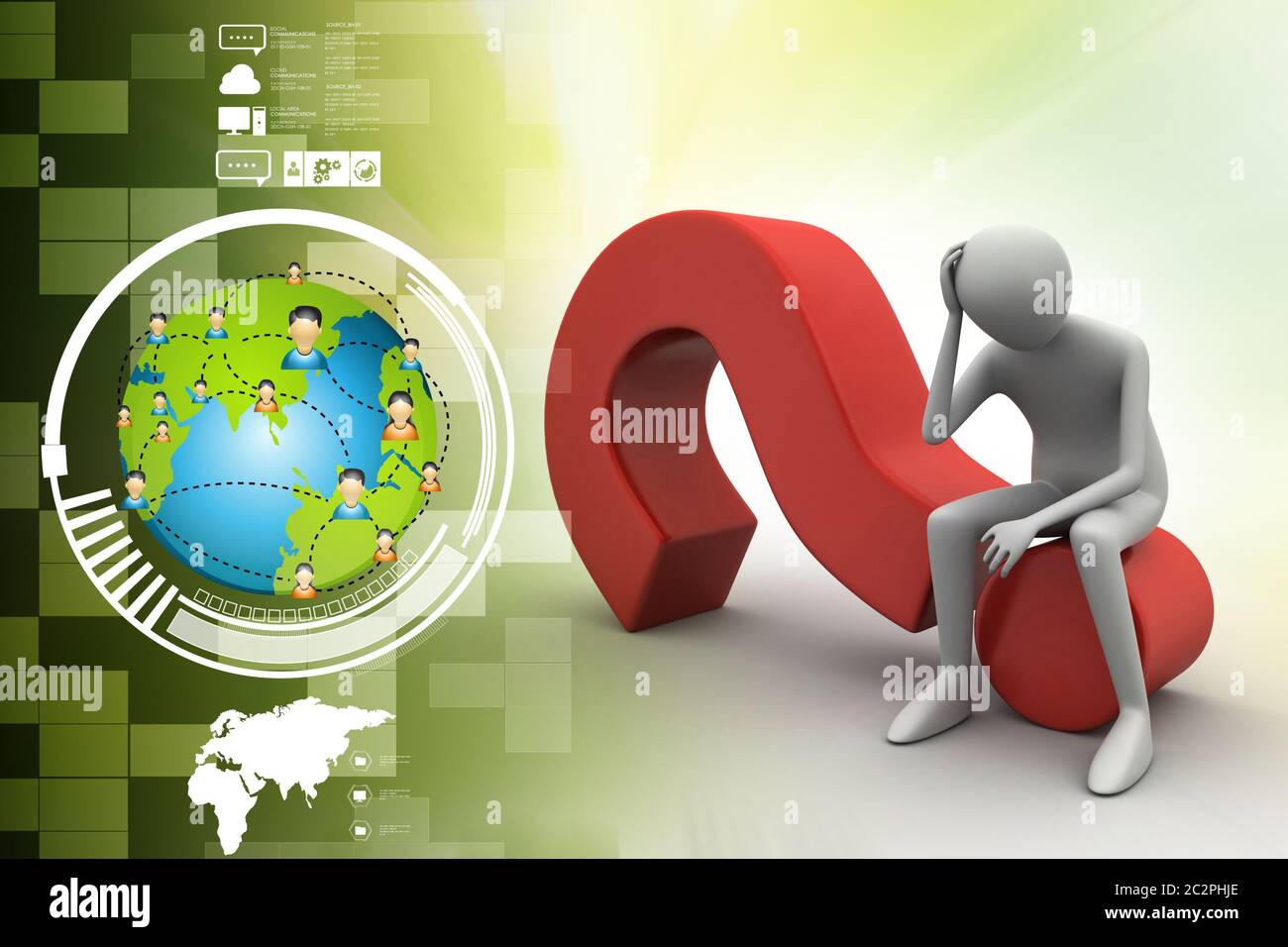 3d man sitting on the question mark Stock Photo - Alamy