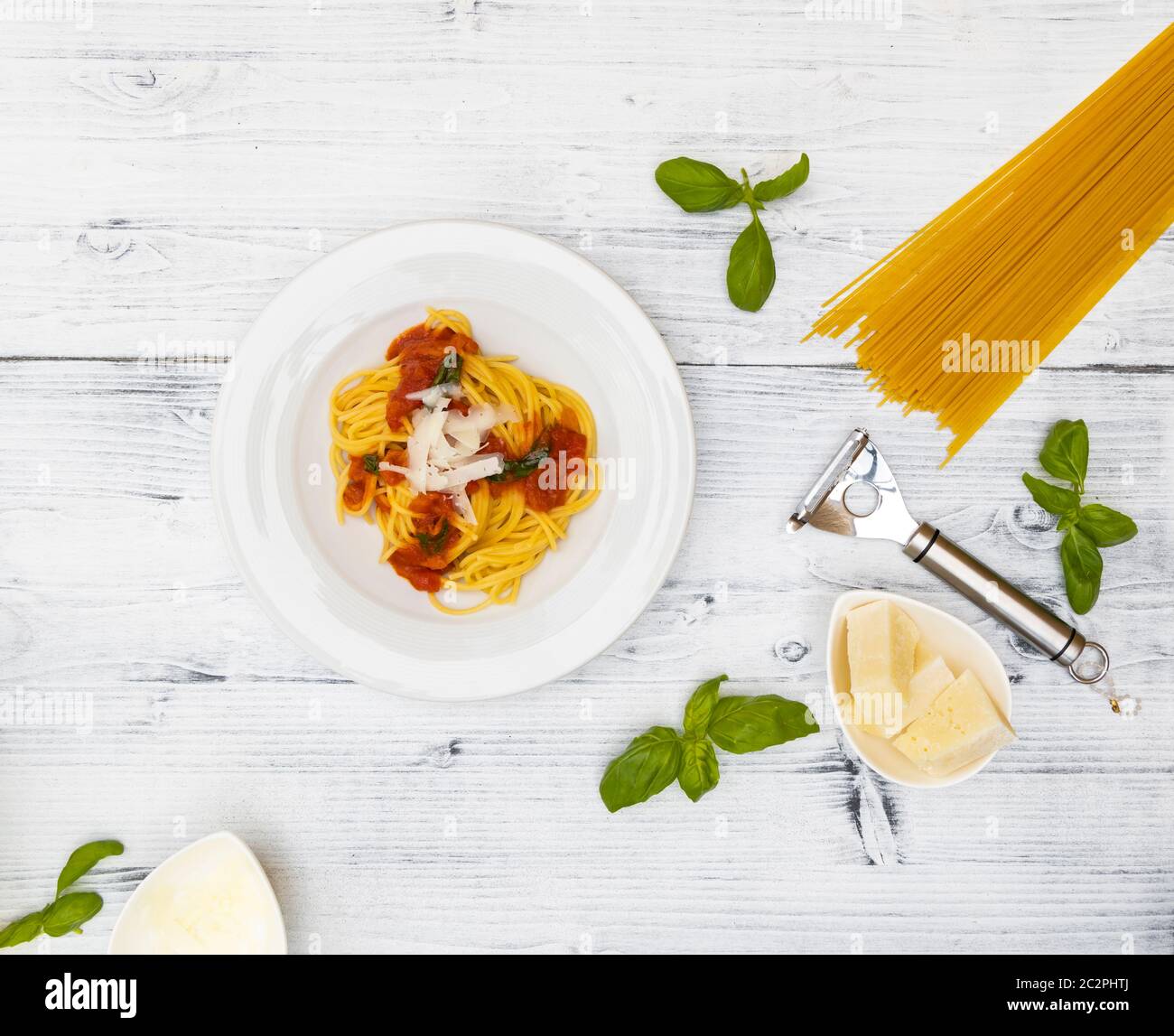 still life with spaghetti with tomato sauce and basil Stock Photo - Alamy