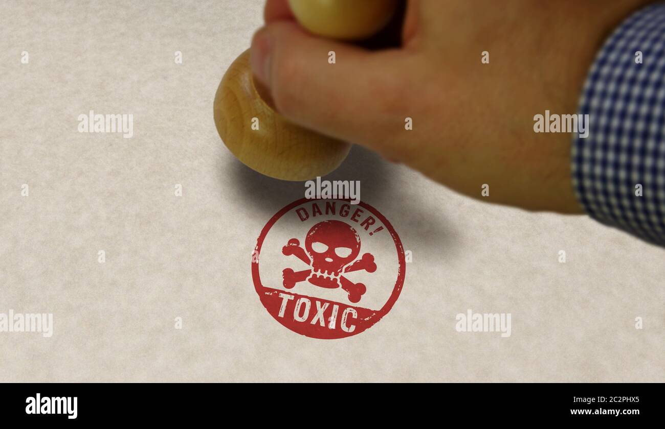 Toxic danger with skull stamp and stamping hand. Poison warning concept ...