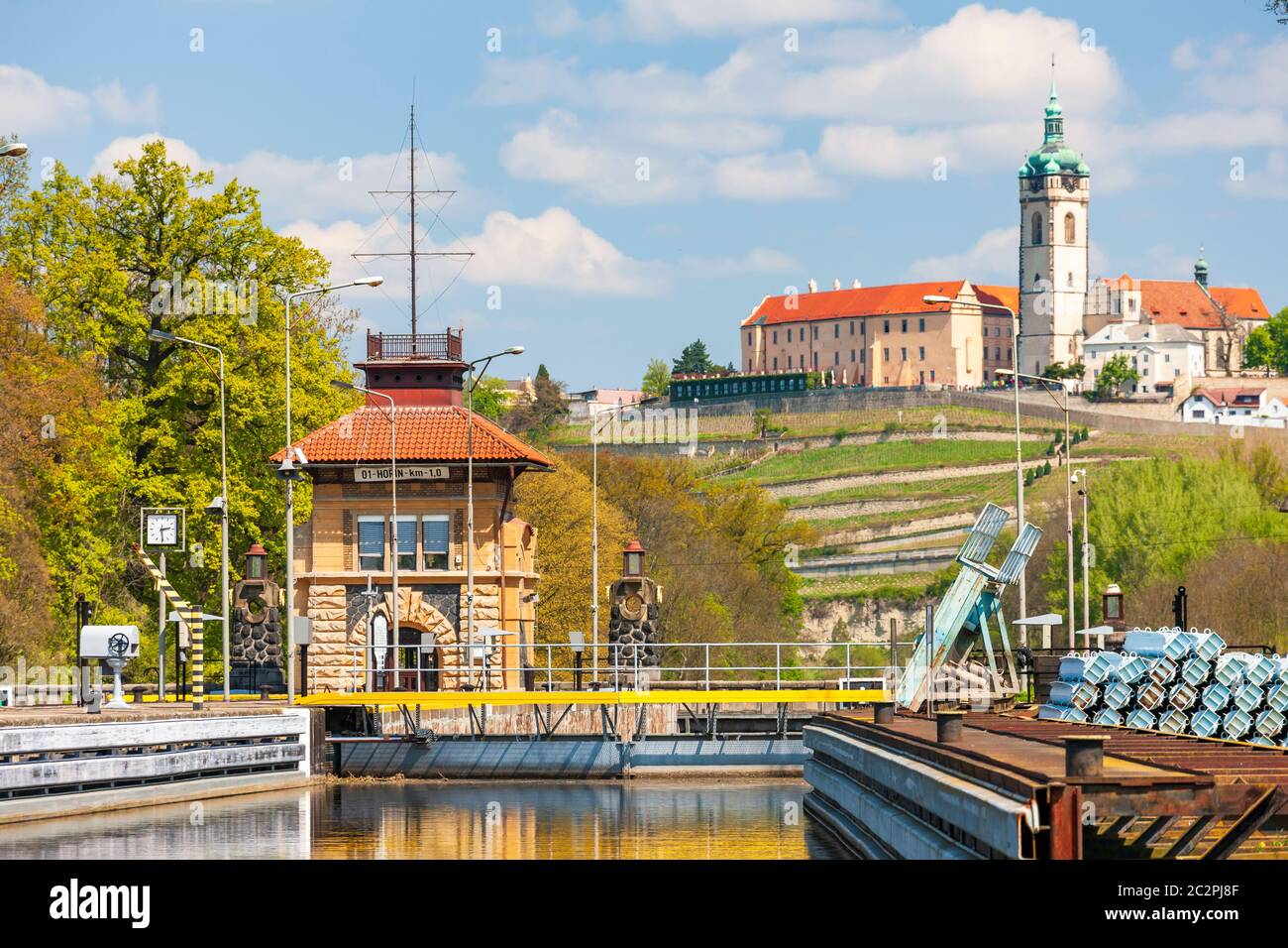 Horin lock and Melnik Castle, Vltava river, Czech Republic Stock Photo ...