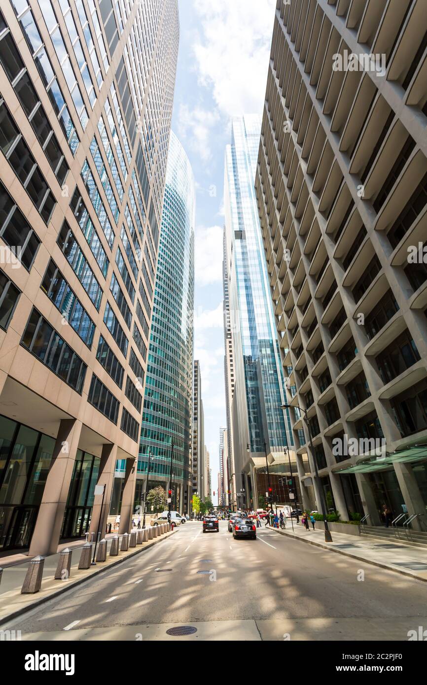 Bottom street view between skyscrapers in Chicago, Illinois USA Stock ...