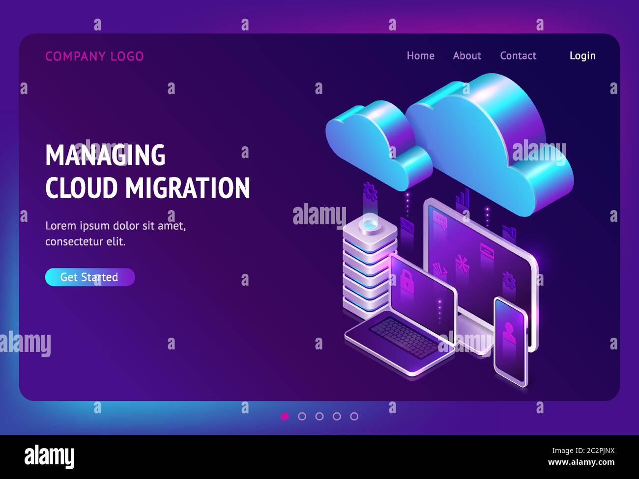 Digital data migration isometric landing page, cloud computing, media ...