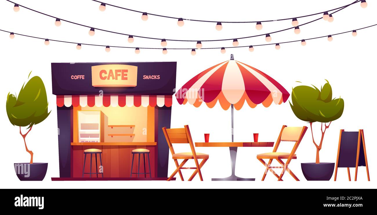 Outdoor cafe, summer booth in park, coffeehouse stall with street food ...