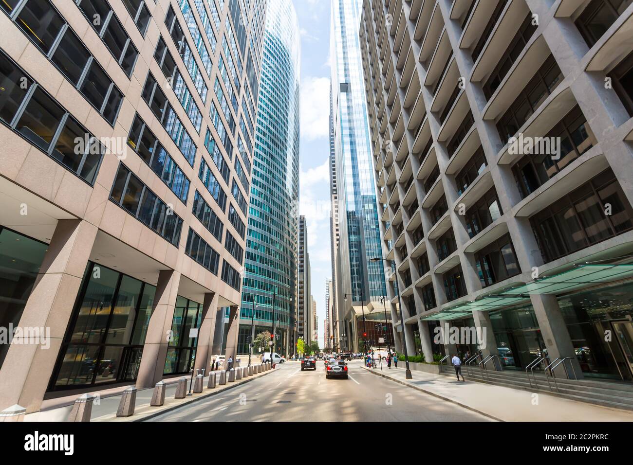 Bottom street view between skyscrapers in Chicago, Illinois USA Stock ...