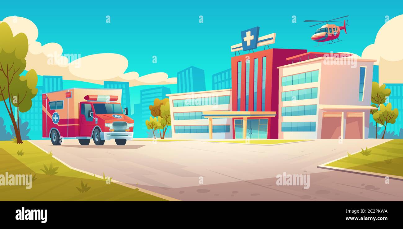 Cityscape with hospital building, ambulance car and helicopter. Vector ...