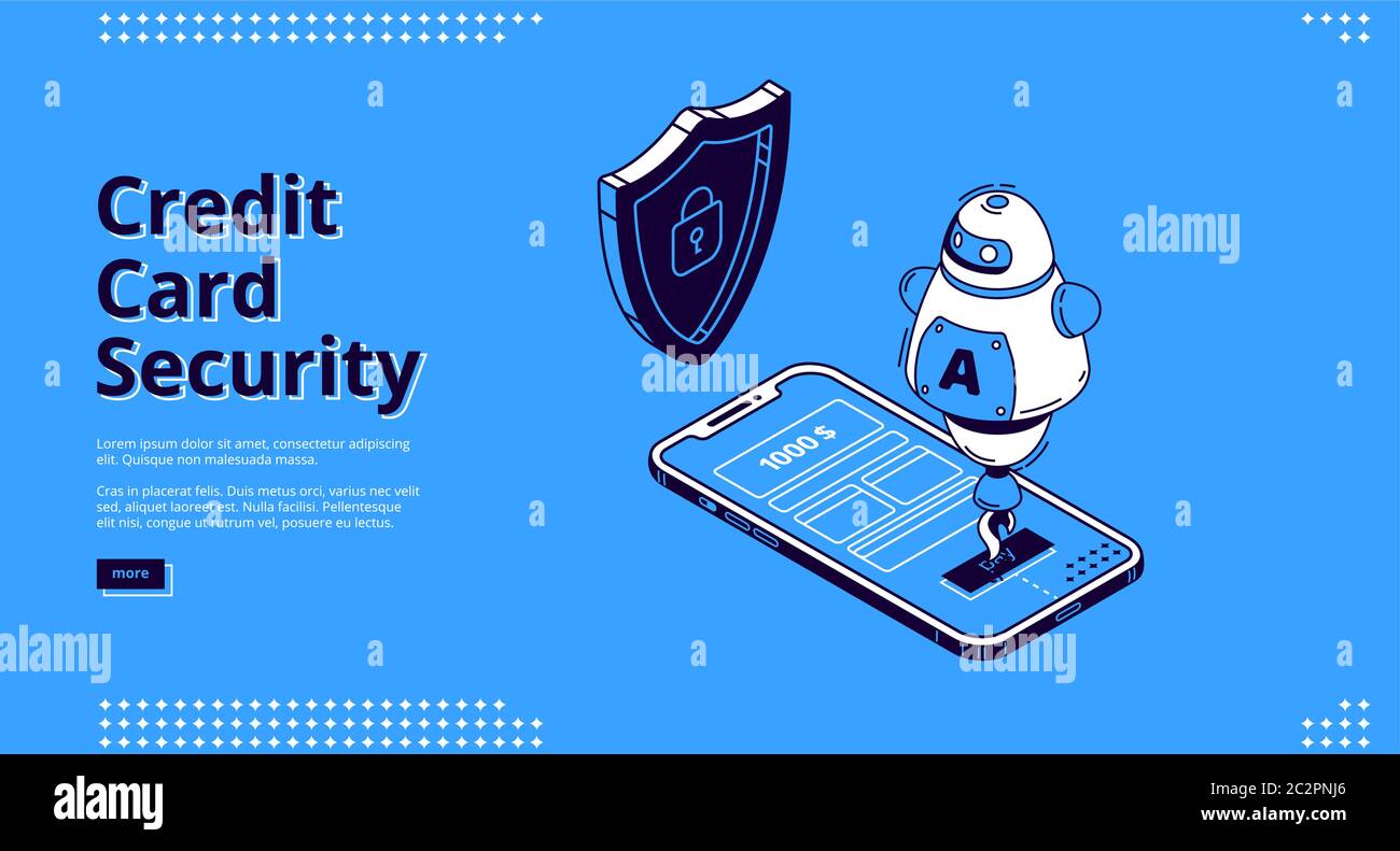 Credit card security isometric landing page. Robot and shield at ...