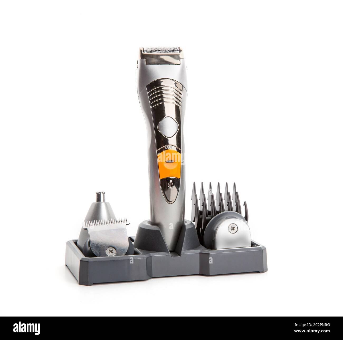 Electric hair, nose, ear and shaving wireless clipper closeup, white ...