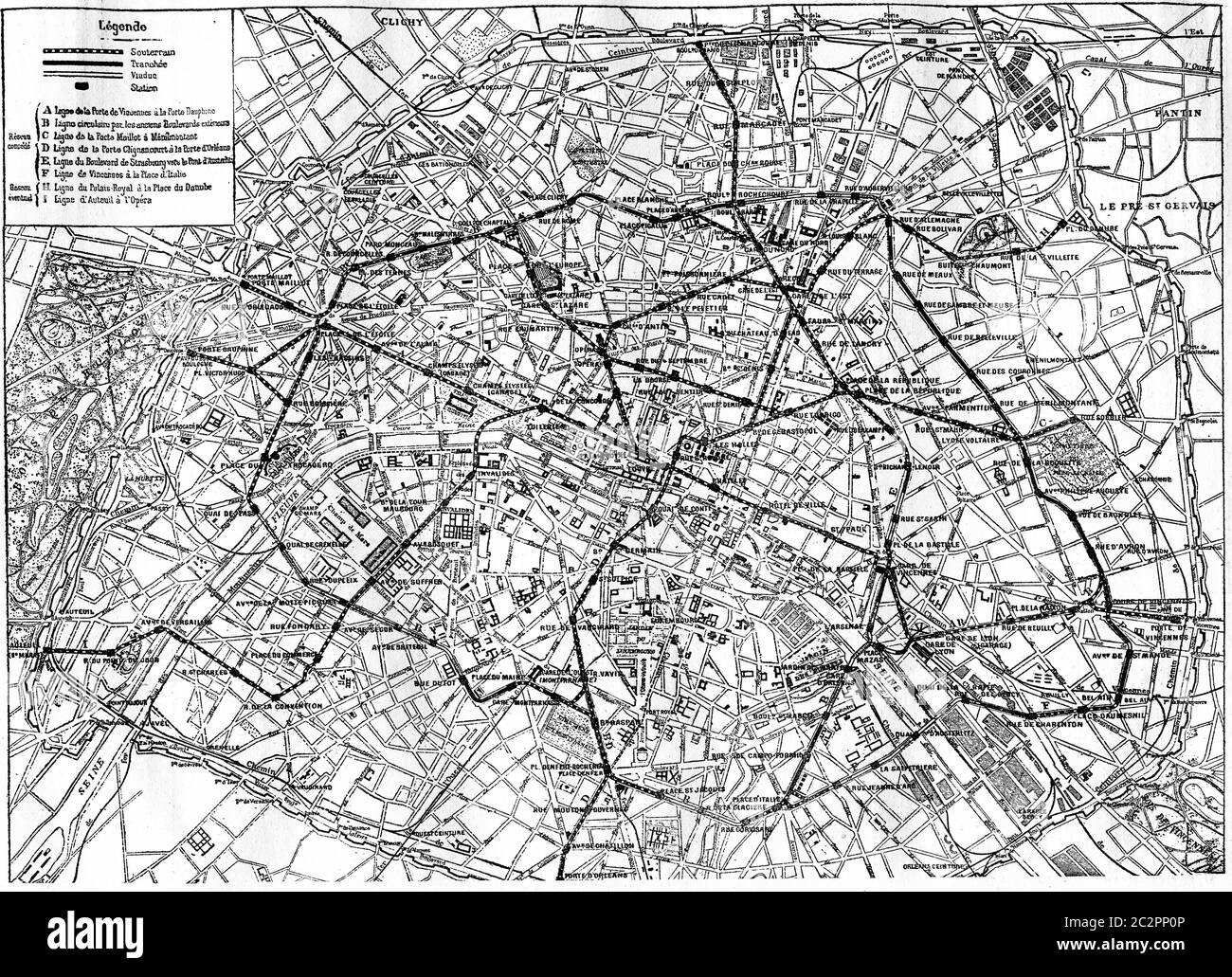 Map of the Metropolitan of Paris, vintage engraved illustration ...
