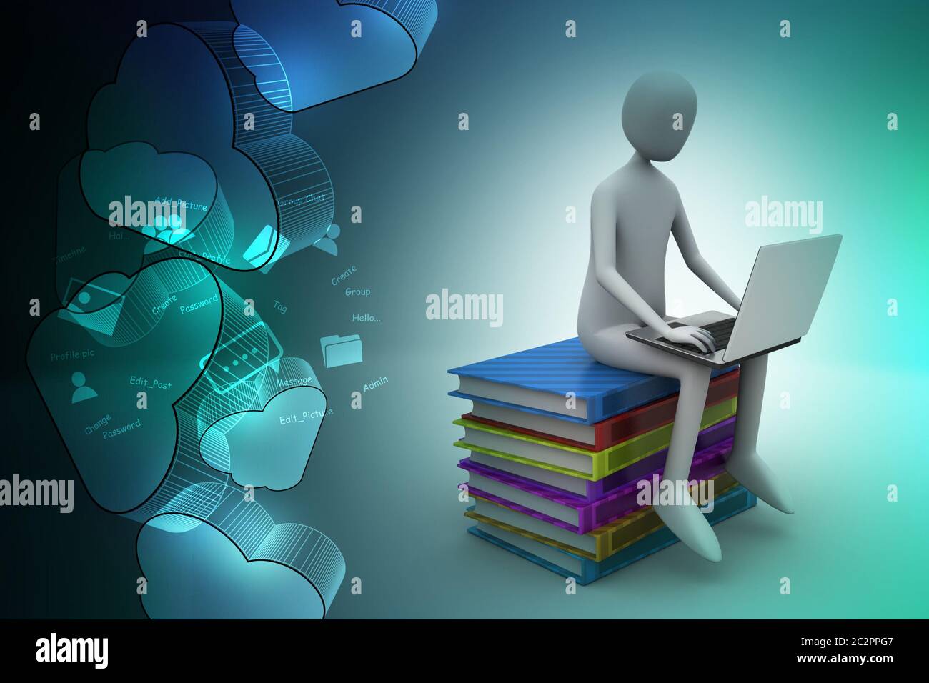3d man sitting on books and working at his laptop Stock Photo - Alamy