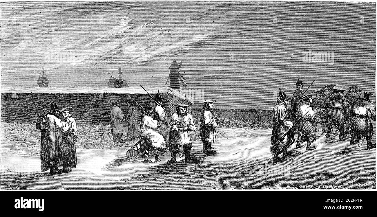 The convicts near the walls in Riga, vintage engraved illustration. Le ...