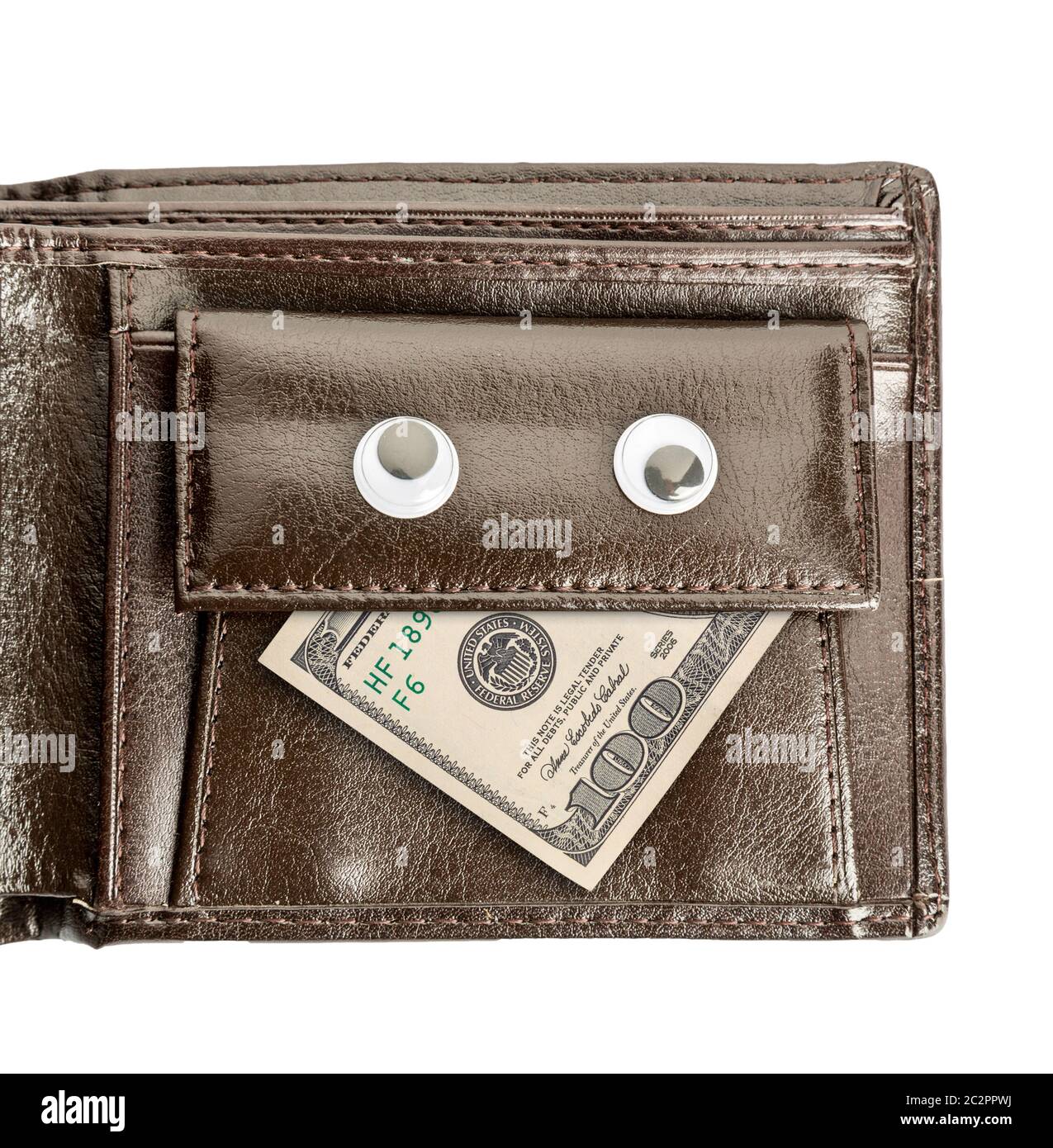 Leather wallet with face of dollars and eyes isolated on white Stock ...