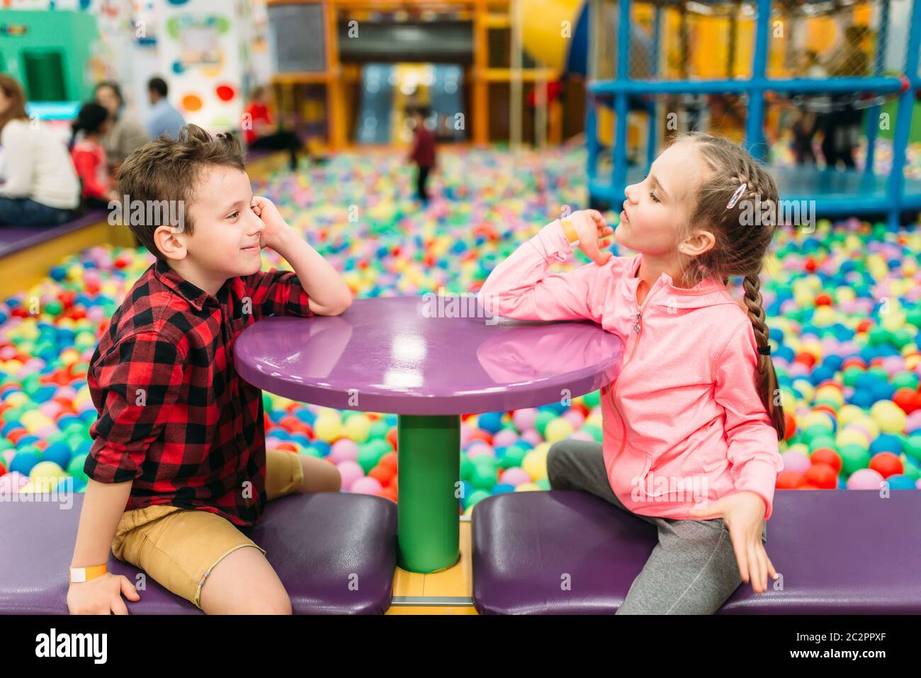 Kids leisure, children play in game entertainment center. Happy ...
