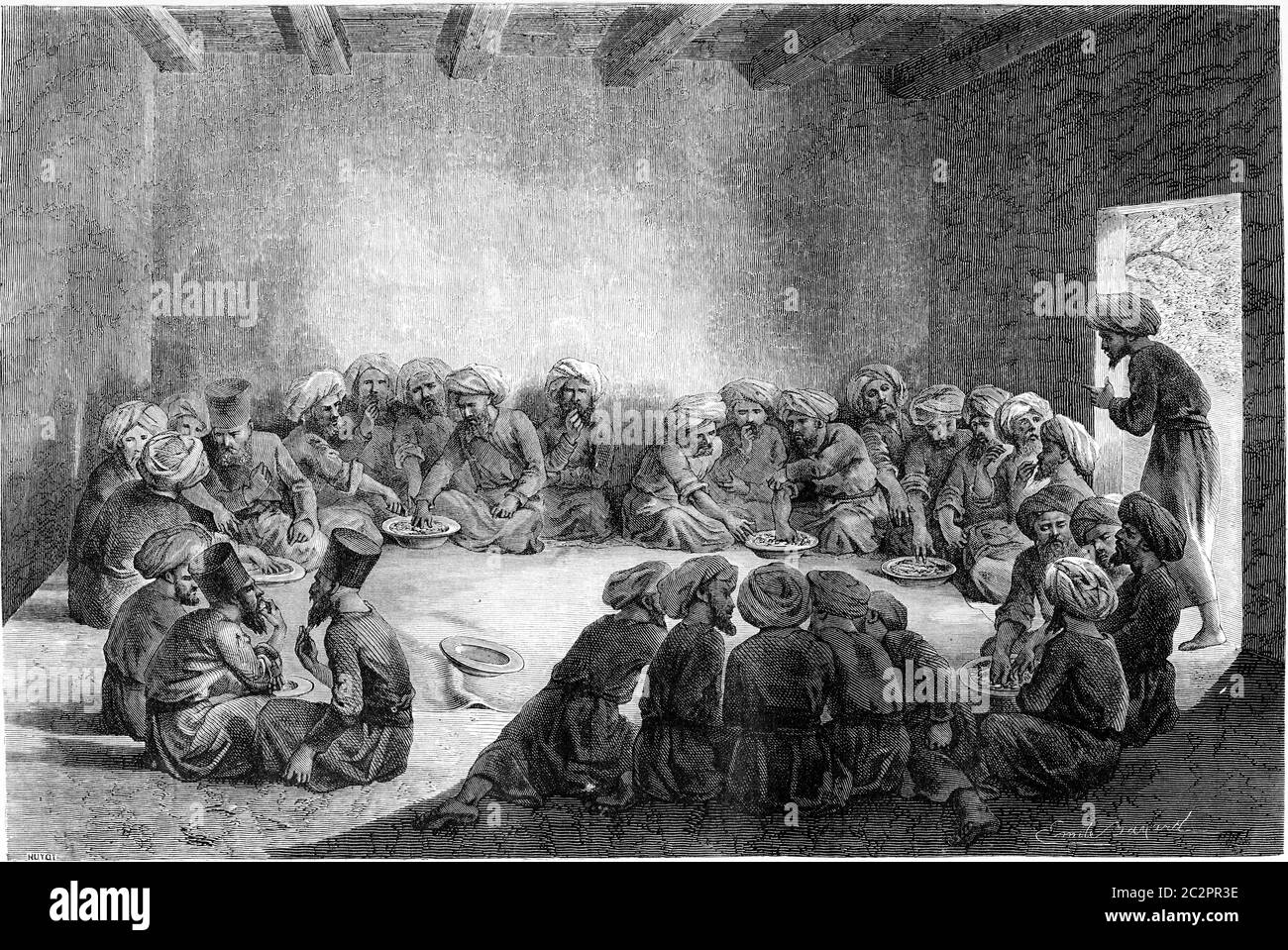 A meal at the Turkmen, vintage engraved illustration. Le Tour du Monde ...