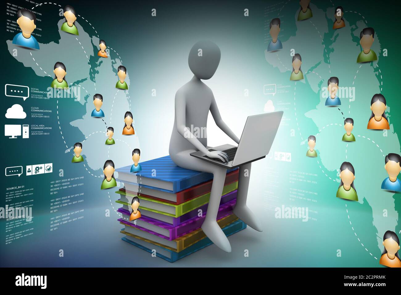 3d man sitting on books and working at his laptop Stock Photo - Alamy
