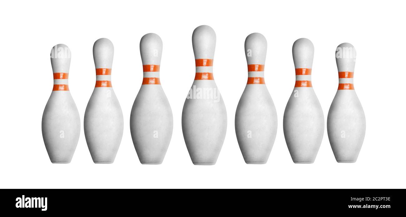 Bowling pins in a row isolated on white Stock Photo - Alamy