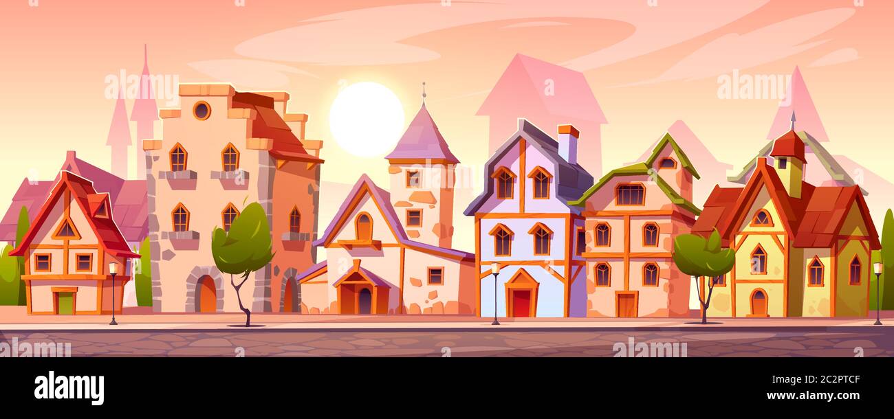 Medieval town street with old european buildings. Vector cartoon ...