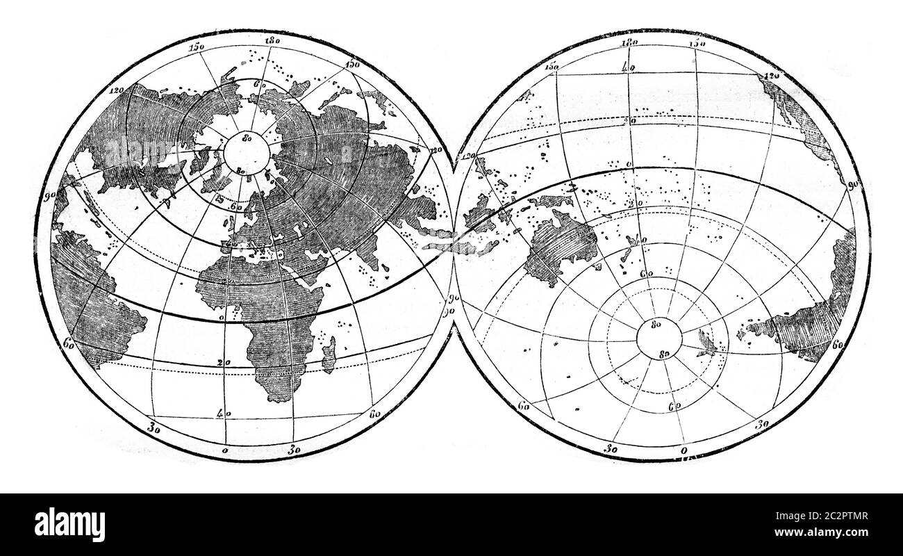 World map featuring evidence the unequal distribution of land and water ...