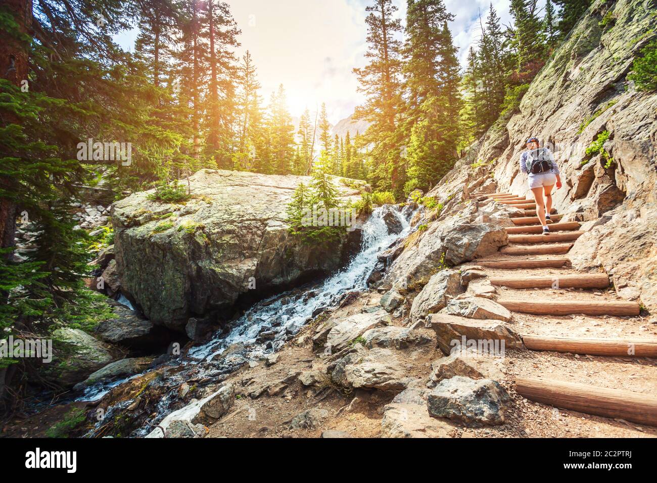 Stone stairs along mountain river on tourist route at Estes Park ...