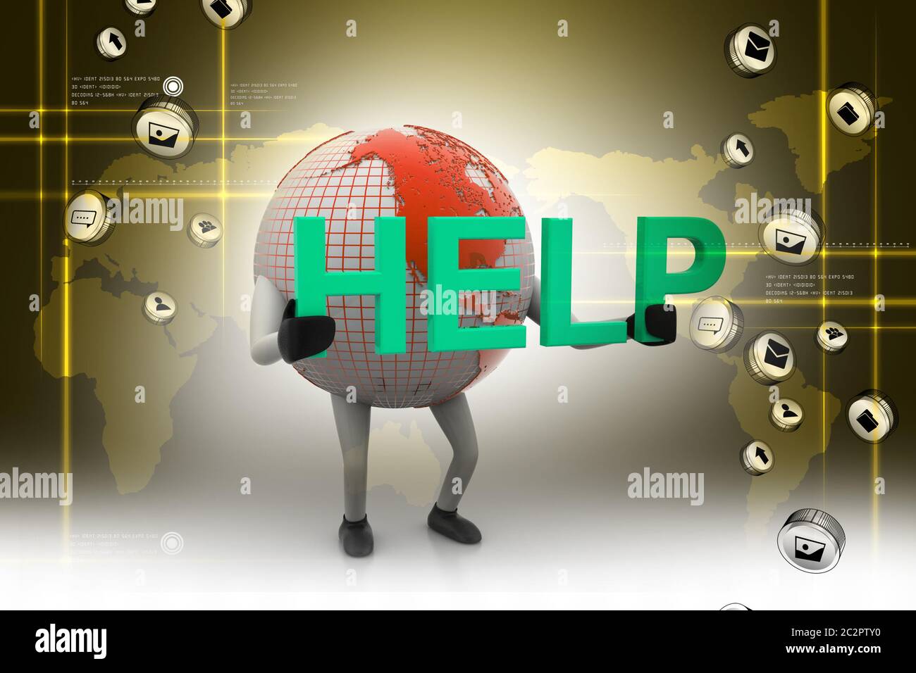 Globe carrying the help text Stock Photo - Alamy